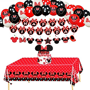 74pcs Red Birthday Party Supplies Cartoon Balloon Banner Hanging Swirls Headband Cake Topper Table Cloth Red Birthday Decorations for Girls 1st 2nd 3rd Bday Parties