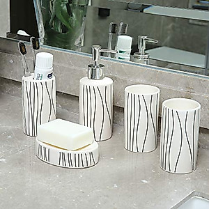 LUEUR 5 Pieces Ceramic Bathroom Accessories Set Includes Soap Dispenser, Soap Dish, 2 Tumblers, Divided Toothbrush Holder w/ Striped Line Printed