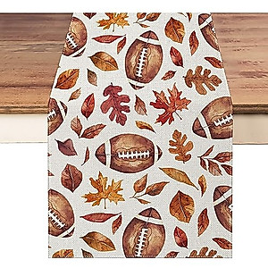 Fall Table Runner 13x72 Inch,Football with Maple Leaves Table Decors for Seasonal Harvest Autumn Thanksgiving Farmhouse Home Kitchen Dining Party