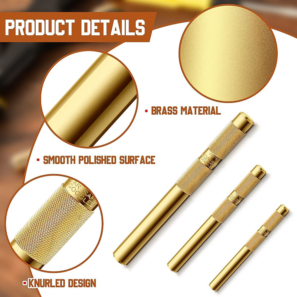 3 Pcs Brass Drift Punch Set, 3/4, 1/2, 3/8 Inch, 25075 25076 25077 Brass Punch Kit