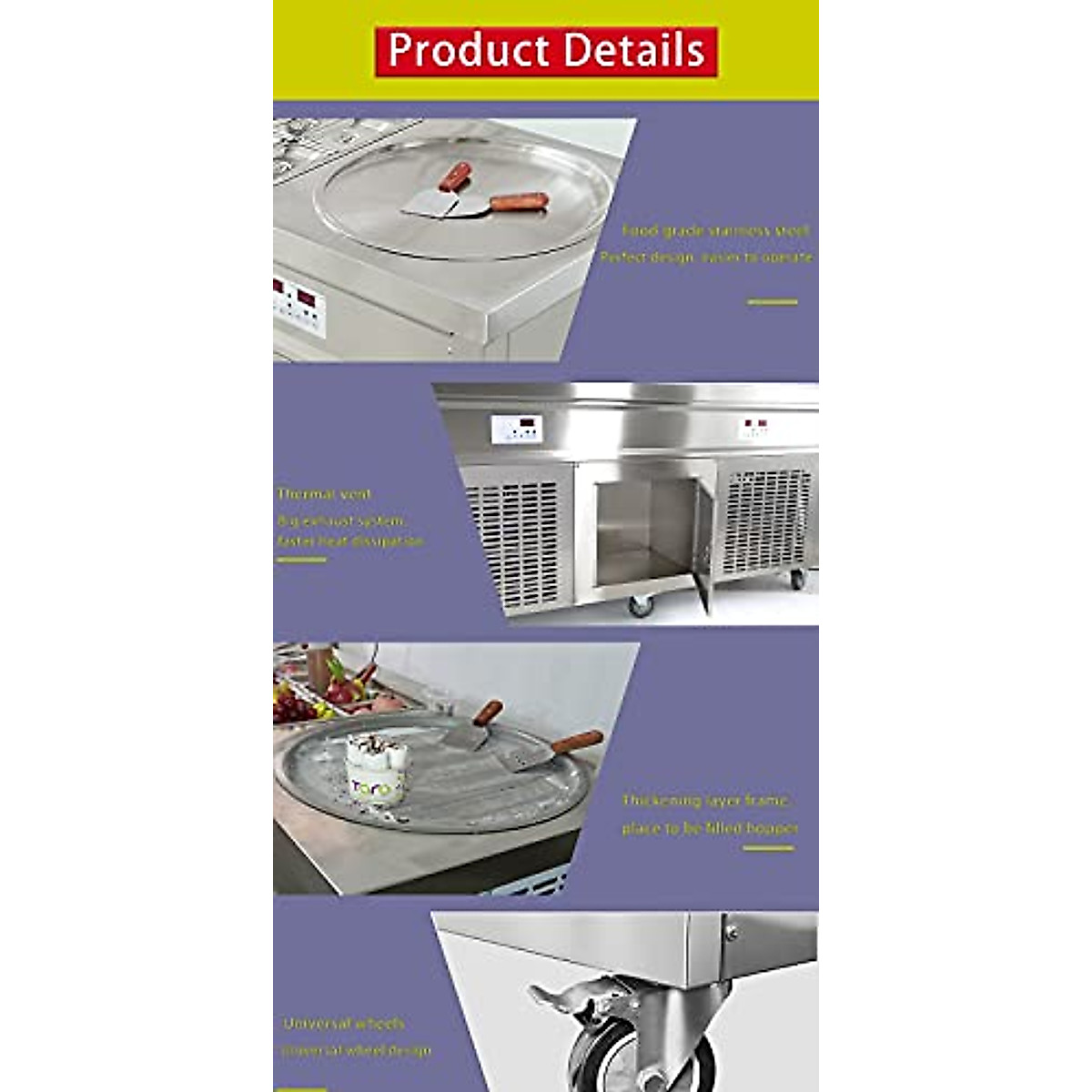 Commercial 22'' Double Round Pans + 10 pcs Refrigerated Tanks Fried Ice Cream Rolled Machine, Gelato Fry Frozen Yogurt Ice Cream Maker for Street Snack Food, Kitchen, Cafe Shop, Bar (ETL Certificate)