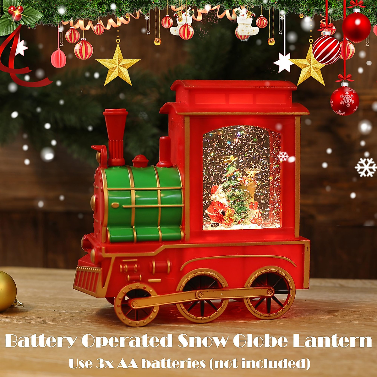 LUSHABOR Christmas Snow Globe Lantern, Lighted Train LED Water Glitter Battery Operated Santa Claus Water Lantern Snow Globe, Christmas Home Decoration Gift