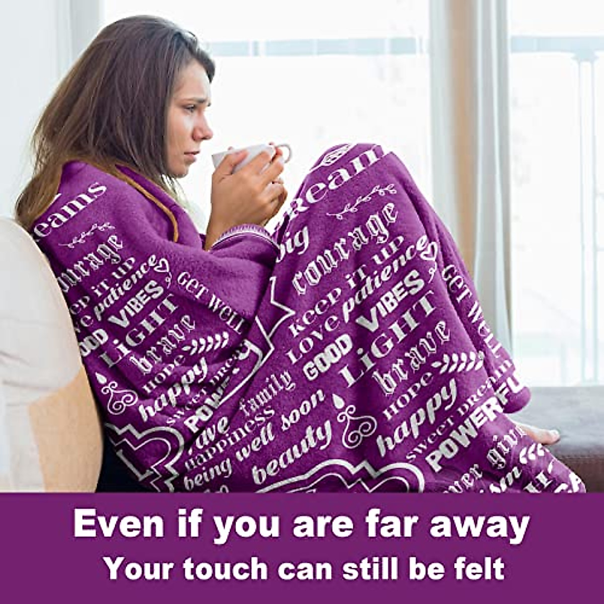 Get Well Soon Gifts, Feel Better Gifts for Women, After Surgery Recovery Gifts for Women, Healing Thoughts Blanket Gifts, Purple Inspirational Positive Energy Flannel Fleece Blanket 60x50inch