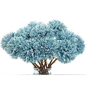 Tinsow 12 Pcs Artificial Flowers Faux Ball Chrysanthemum Bouquet Silk Light Blue Flowers Bridal Wedding Bouquet for Home Easter Party Wedding Decoration (Light Blue, 12)
