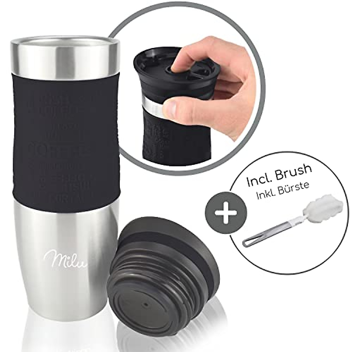 Milu Thermo Mug Insulated Cup Coffee & Tea Mug to go - 370ml, 450ml 100% leak proof - Stainless Steel Drinking Mug - vacuum insulation flask - Hot & Cold - Travel Mug (Black, 12oz (370ml))