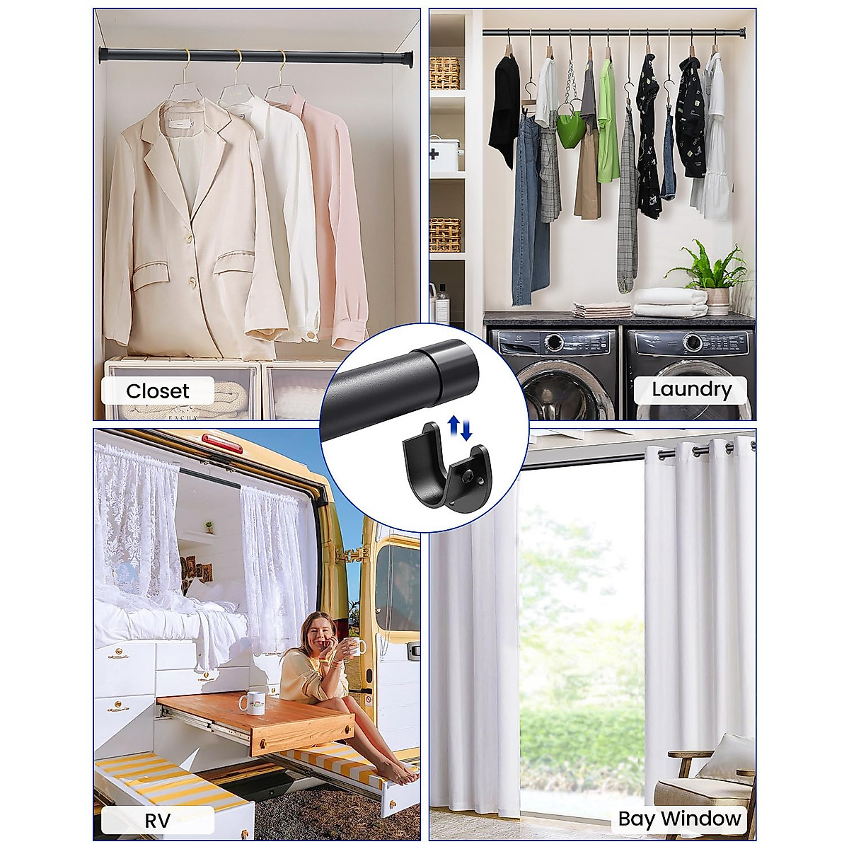 Closet Rods for Hanging Clothes, 17 to 99 Inches Stepless Adjustable Metal Closet Rod, 1.3 Inches Heavy Duty Clothes Hanging Rod for Closet Wardrobes Laundry RV