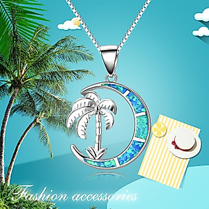 SOULMEET Palm Tree Blue Simulated Opal Moon Necklace, Sterling Silver Palm Tree Jewelry for Her, Summer Beach Style October Birthstone Christmas Gift Idea