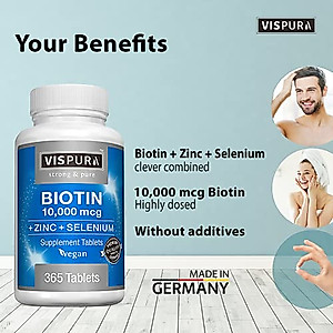 Biotin 10000 mcg + Zinc + Selenium, Pure, Vegan & Extra Strong, Best Supplement for Hair Growth, Glowing Skin, Strong Nails*, 365 Tablets for 12 Months, Natural Without Additives