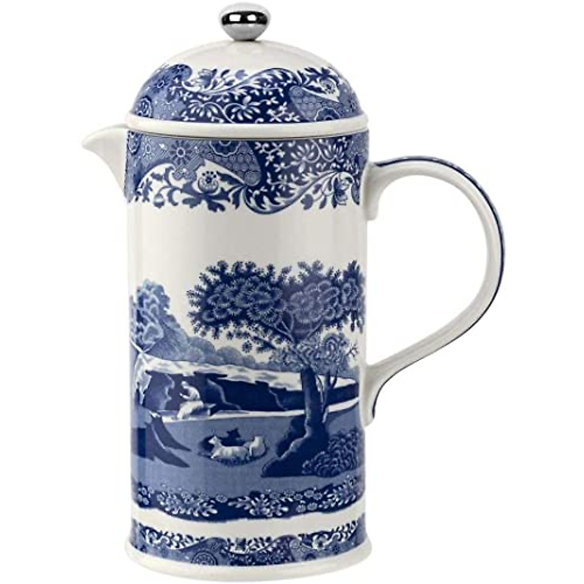 Spode Blue Italian French Press | 28-Ounce Capacity | Espresso, Coffee, and Tea Maker | Porcelain Cafetiere | Stainless Steel Plunger| Dishwasher Safe (Blue/White)