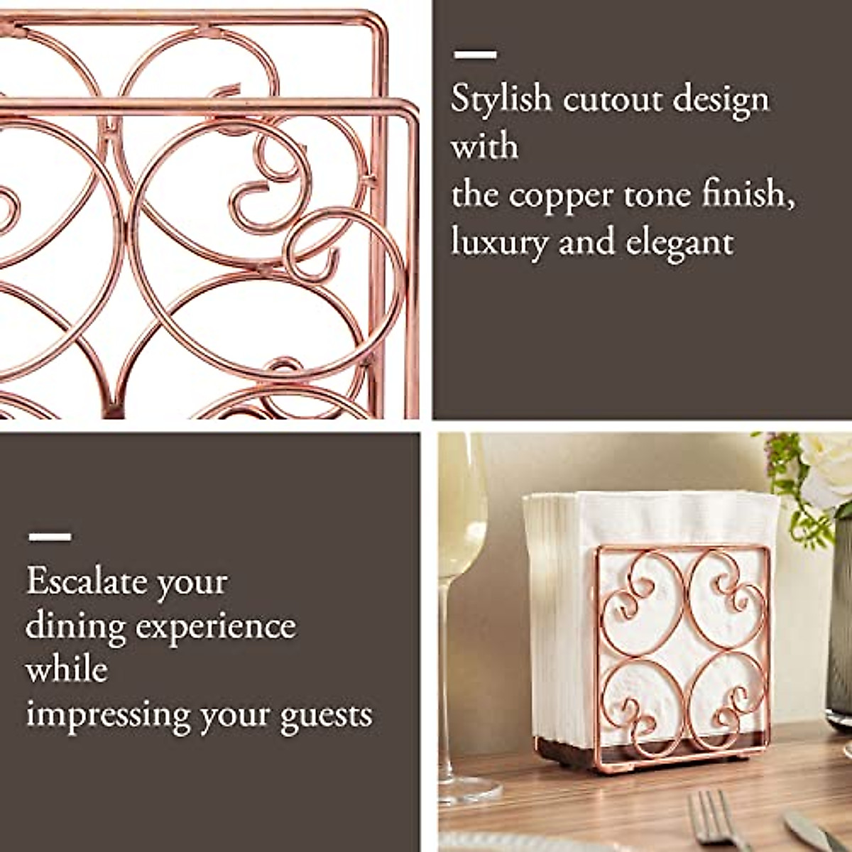 MyGift Copper Tone Metal Wire Napkin Holder with Rustic Burnt Wood Base - Upright Serviette Dispenser Rack with Vintage Style Scrollwork Design