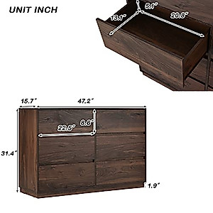 Knocbel 47.2in Mid-Century Modern Dresser for Bedroom, 6 Handle-Free Storage Drawers, 200lbs Weight Capacity, Dark Brown Dresser