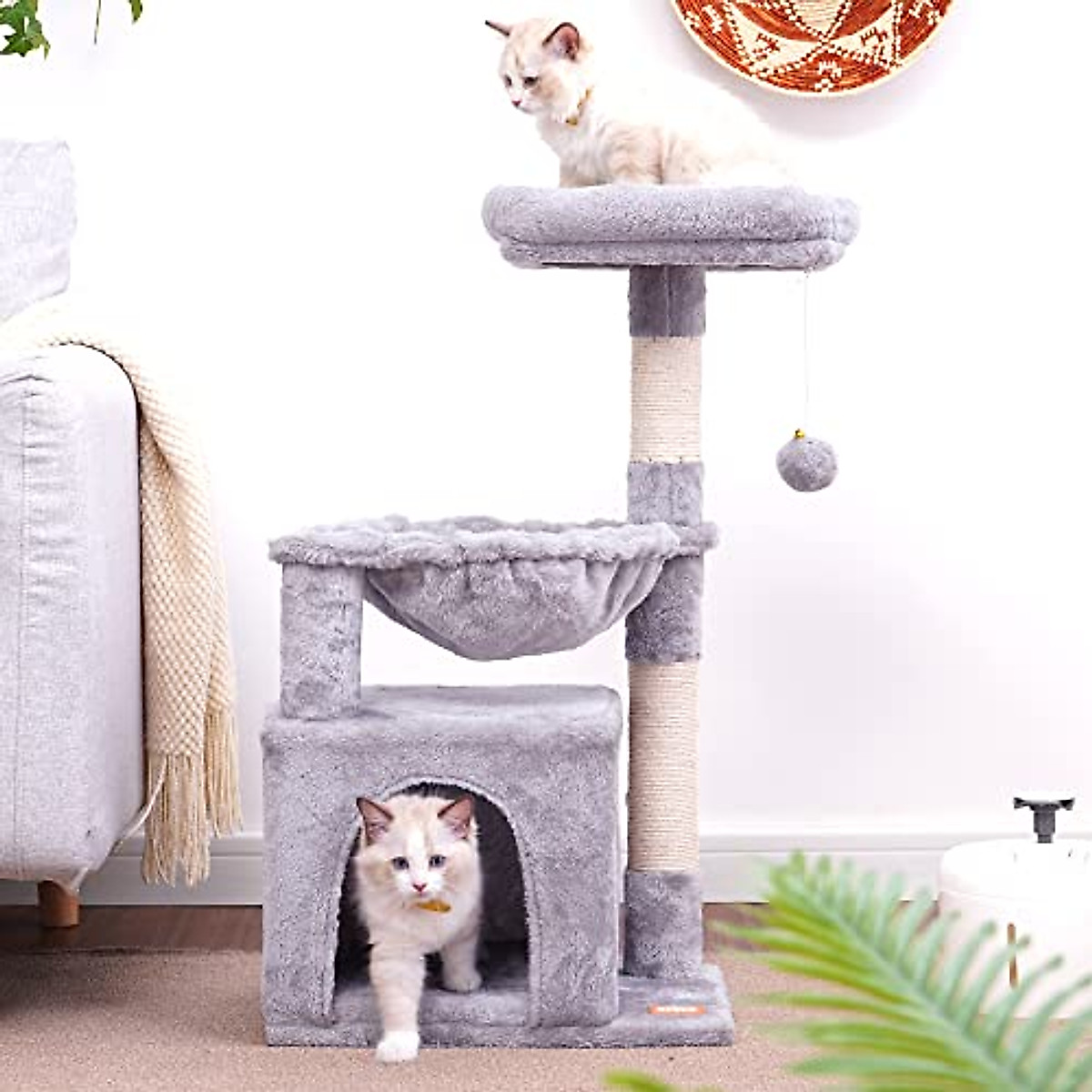 Heybly Cat Tree Cat Tower Condo with Sisal-Covered Scratching Posts and Basket for Kitten Light Gray HCT002SW