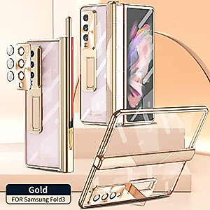 Case for Samsung Galaxy Z Fold 3 5G 2021, Plating Crystal Kickstand Case with S Pen, Removable Hinge Protection Holder and Built-in Camera Lens Protector and Front Screen Protector