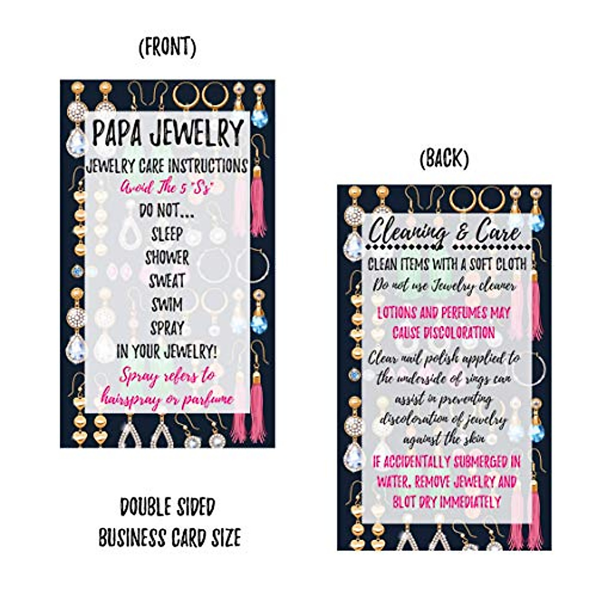 Jewelry Cleaning and Care Cards | Package of 50 | Bling Earrning Design | Jewelry Bling Queen Care Instructions