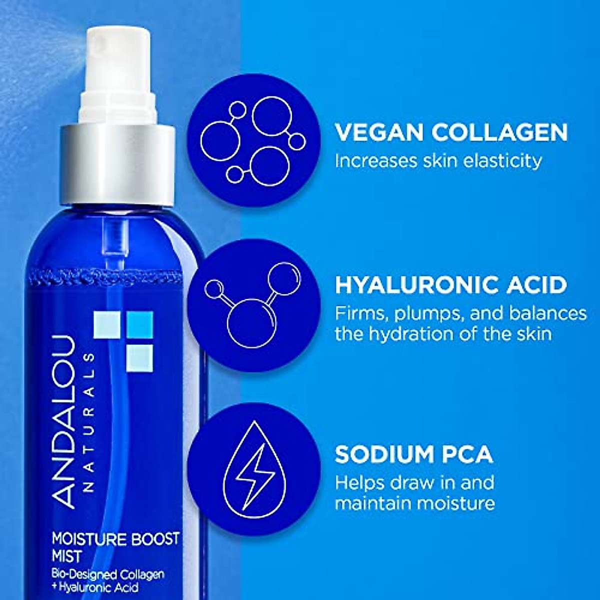 Andalou Naturals Face Mist, Moisture Boost Facial Spray with Hyaluronic Acid & Collagen, Hydrating & Moisturizing Skin Care for Dry and Dehydrated Skin, 6 fl oz
