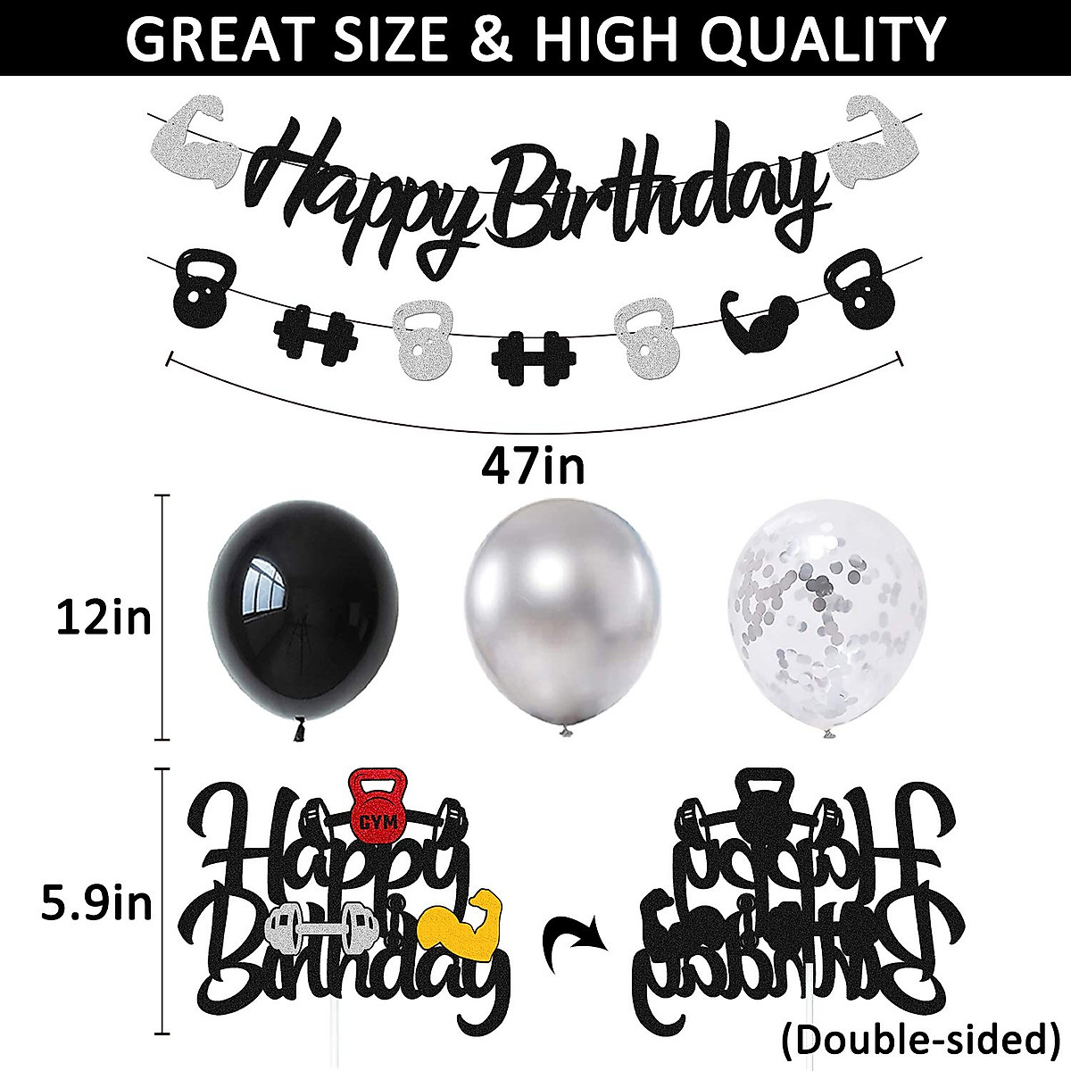 Gym Birthday Decorations Weightlifting Happy Birthday Banner Cake Topper Black Gray Latex Balloons for Gym Weight Lifting Cross Fit Fitness Themed Bday Party Supplies