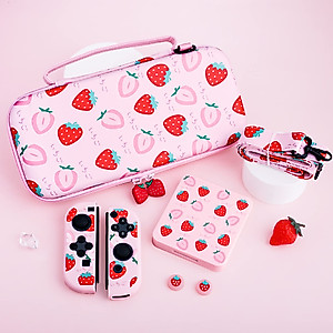 RHOTALL Cute Carrying Case for Nintendo Switch & Switch OLED Cover, Hard Portable Travel Case for Switch Accessories with Game Case, 2 Joy Con Shell, Shoulder Strap, and 2 Thumb Caps - Pink Strawberry