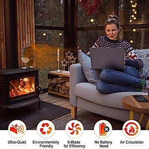 Hanaoyo Wood Stove Fan & Magnetic Stove Thermometer, 6 Blades Wood Stove Fan Heat Powered, Fireplace Fan with Magnetic Thermometer, Non Electric Fan for Wood/Gas/Log Burner Stove
