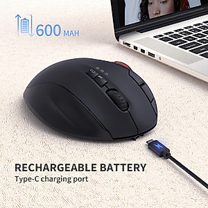 KKUOD 2.4G+Dual Bluetooth Wireless Trackball Mouse, 3-Device Connection Ergonomic Mouse, Rechargeable Ergo Mouse with USB-C Port and 3 DPI, Thumb-Operated Mouse for PC Computer Laptop Tablet