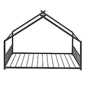 Montessori Floor Bed with Headboard and Footboard, Full Floor Bed with Slats, Metal House Floor Bed for Kids, Girls, Boys, Black Montessori Bed Full Size