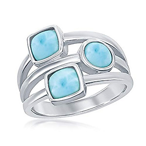 925 Sterling Silver Hawaii Natural Larimar Gemstone Multi-shaped High Polished Triple Band Ring