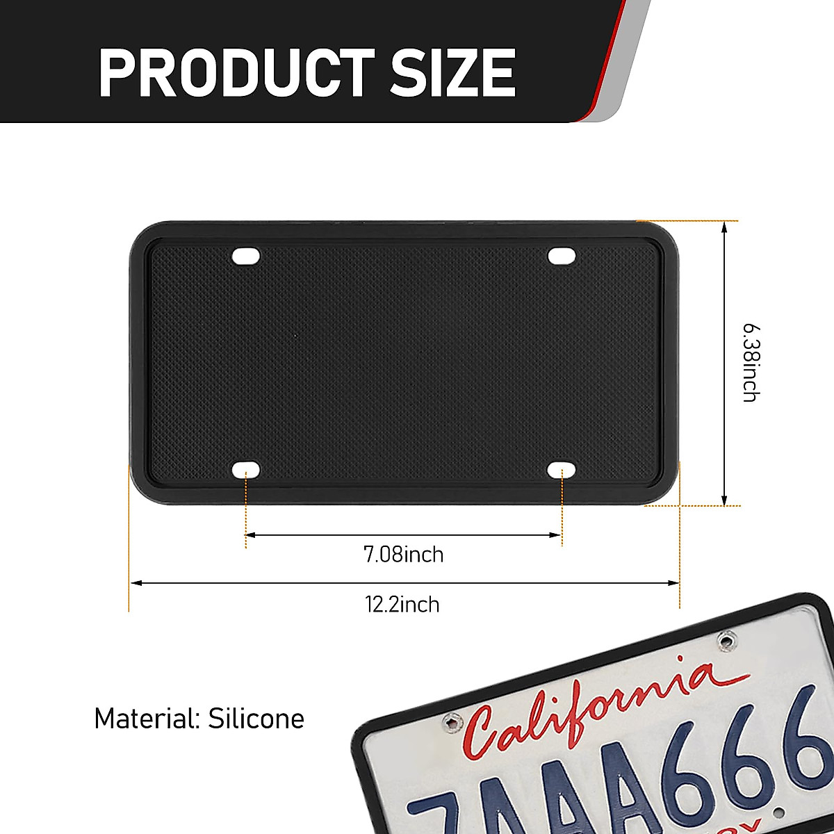 GKmow 1 PC Car Silicone License Plate Frame, 12.2In x 6.3In Waterproof Rust-Proof Does Not Hurt Car Paint License Plate Holder, Universal American Car License Plate Bracket (Black)