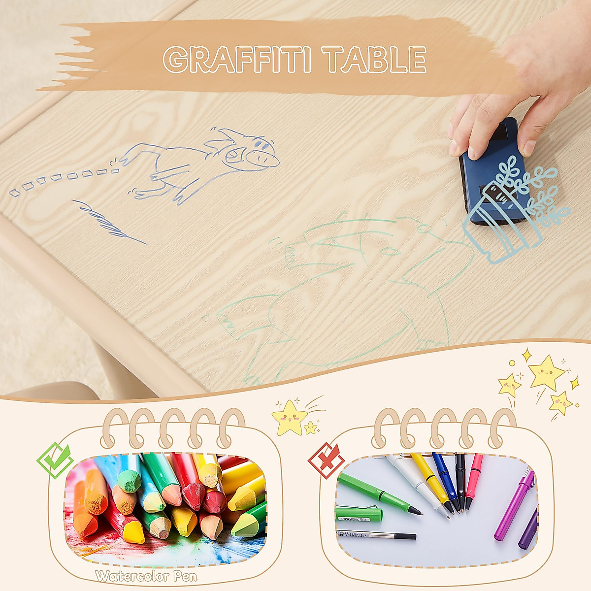 SINKIPA Kids Table and 2 Chairs Set, Height Adjustable Toddler Table and Chairs, Graffiti Desktop Kids Study Table with Anti-Slip Foot Covers, Children Activity Table for Ages 2-10