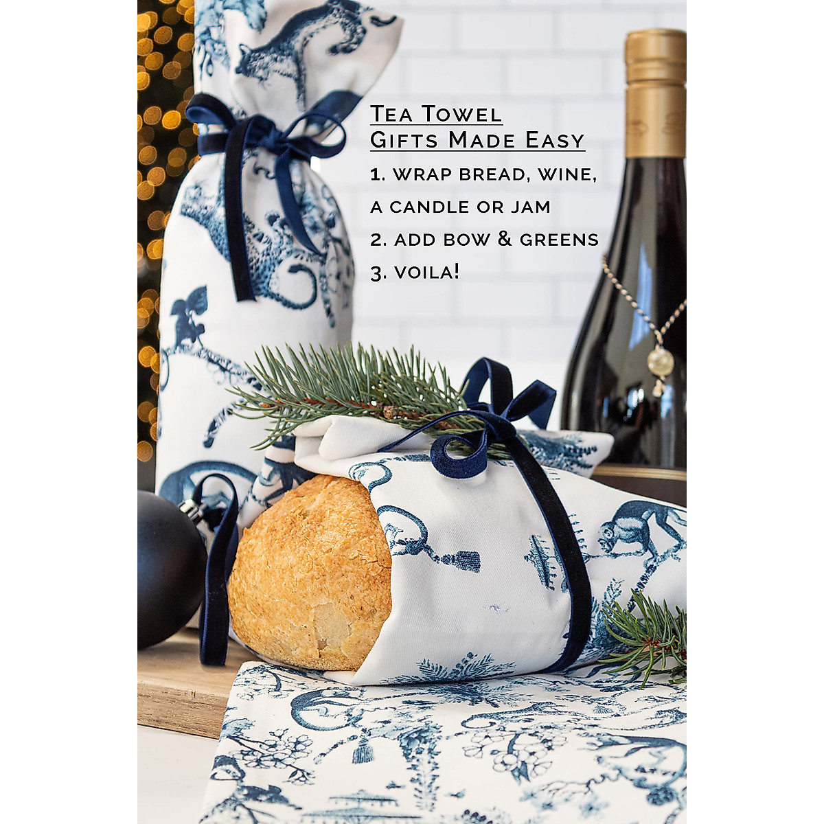 All Day Soirée Chinoiserie Designer Kitchen Tea Towels 3 Pack 100% Absorbent Cotton Tiger Monkey Floral Hand Towel Large Dish Cloth Set Blue White