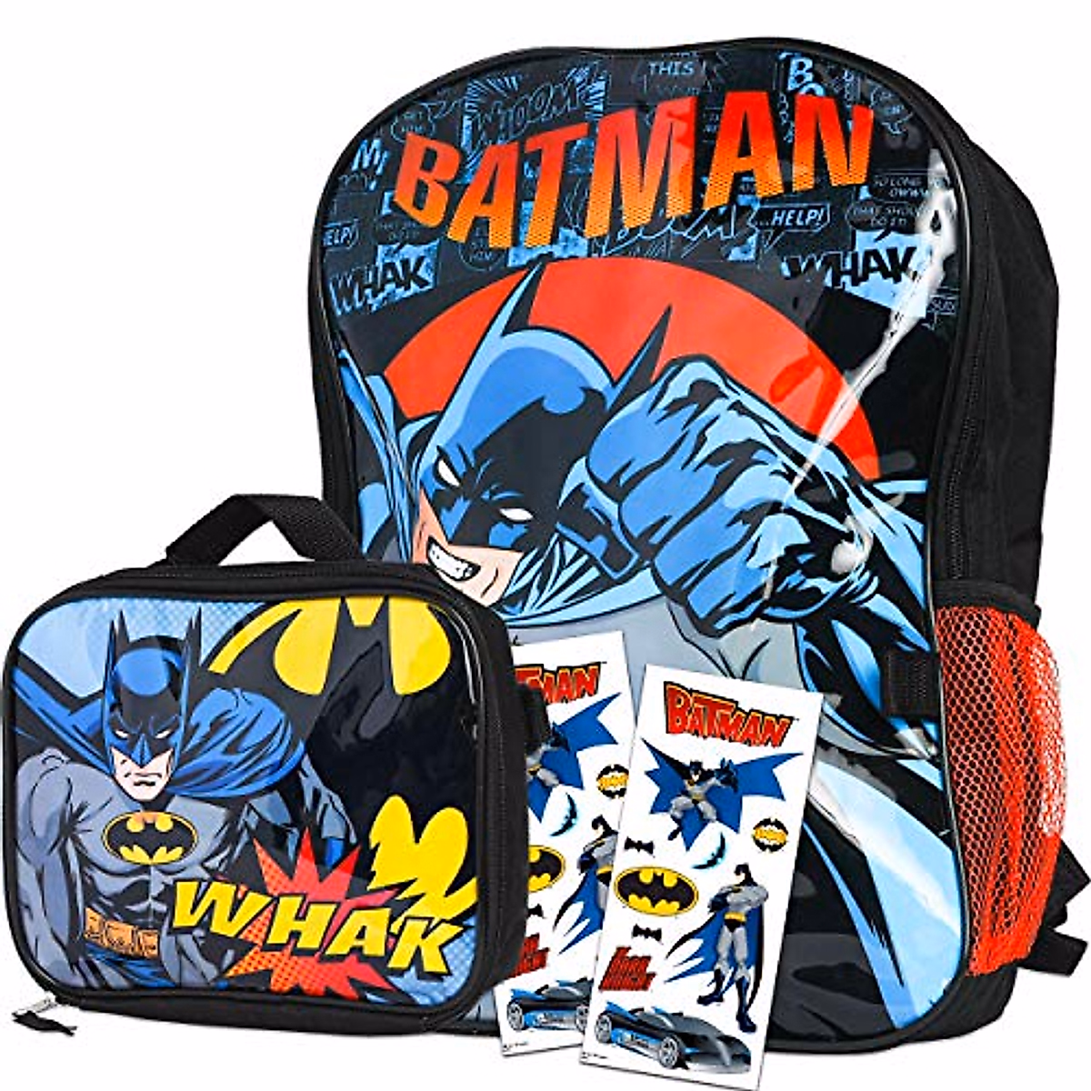 Batman Backpack and Lunch Box Bundle Set ~ Deluxe 16" Batman Backpack for Boys Kids with Insulated Lunch Bag and Stickers (Batman School Supplies)