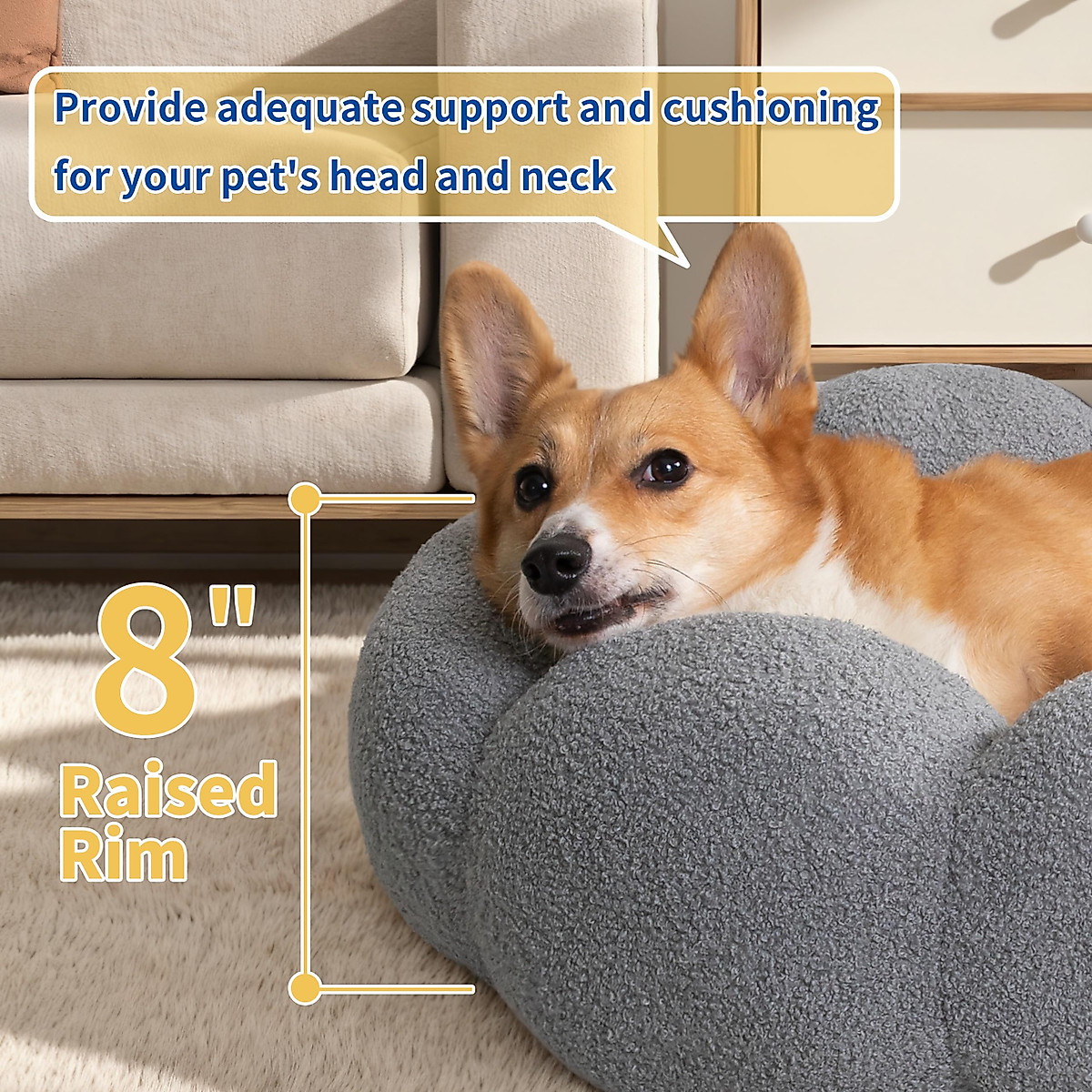 WESTERN HOME WH Calming Dog Beds for Small Dogs-Fluffy Flower Cat&Dog Bed in Plush Teddy Sherpa, Round Donut Cuddler Small Dog Bed, Non-Slip Machine Washable Pet Bed Fits up to 25 lbs, Grey 24"