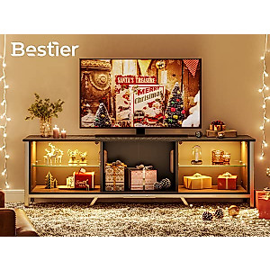 Bestier TV Stand with LED Light for 75 inch TV, Modern Gaming Entertainment Center with Detachable Glass Shelves for PS5 Black Carbon Fiber