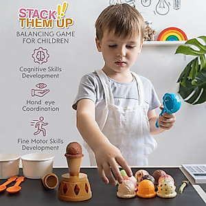 Smart Novelty Ice Cream Toy Stacking Tower - Balancing and Stackable Scoop Ice Cream Play Set for Toddlers, Frozen Dessert Food Games for Kids Aged 3+