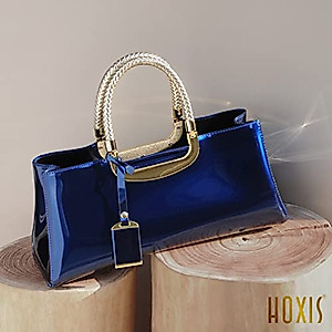 HOXIS Glossy Faux Patent Leather Structured Shoulder Handbag Women Evening Party Satchel (Navy)
