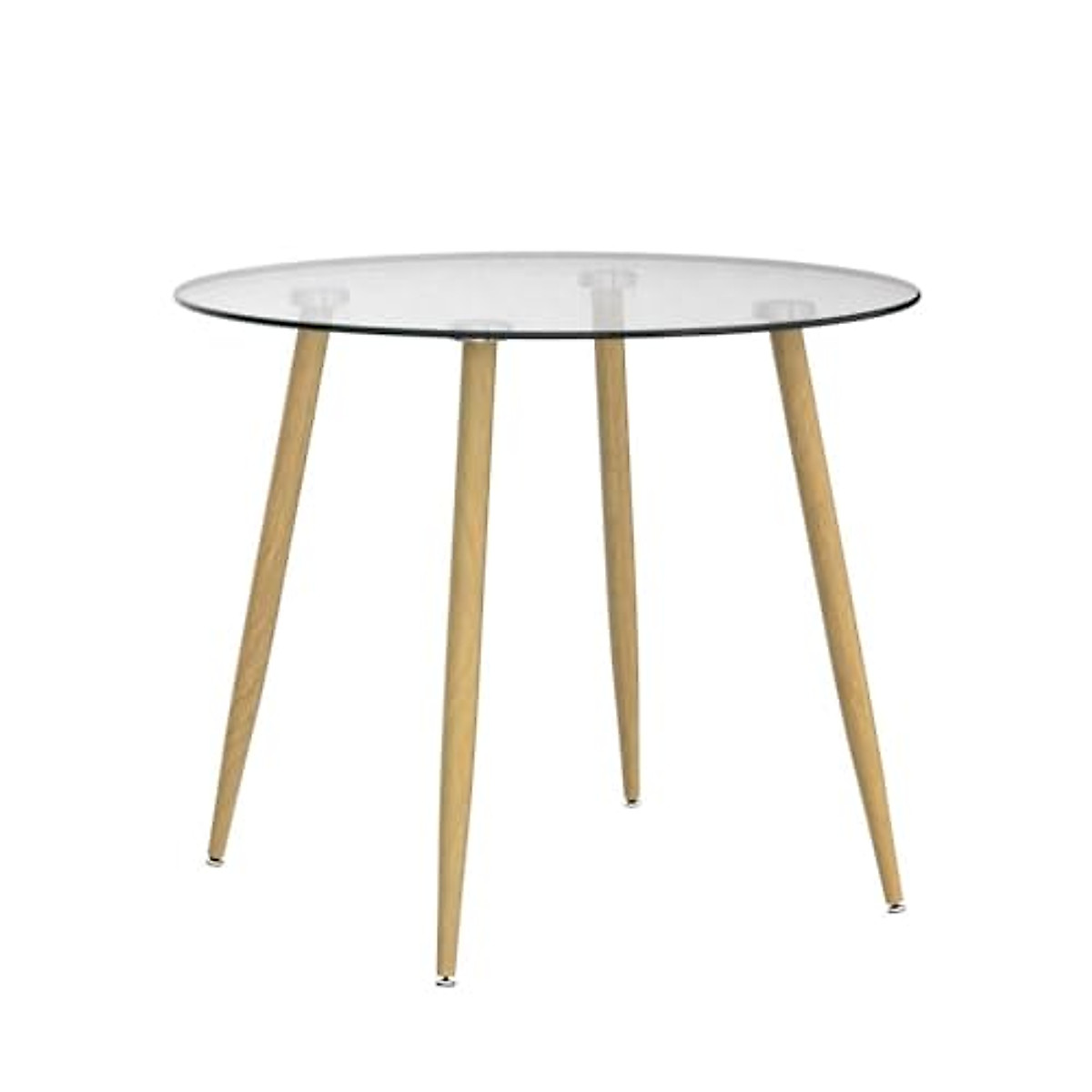 Round Dining Table - Modern Round Glass Dining Table Small Space Dining Room Table - Kitchen Table with Tempered Glass Tabletop and Metal Legs - Wood