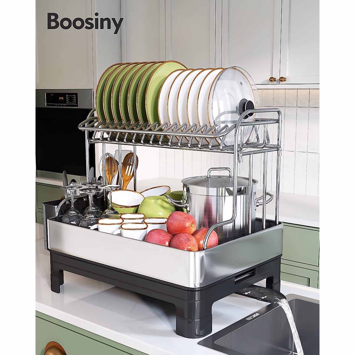 BOOSINY Dish Drying Rack, 304 Stainless Steel 2 Tier Large Dish Rack and Drainboard Set with Swivel Spout Drainage, Full Size Dish Drainer with Utensil Holder for Kitchen Counter of Big Family