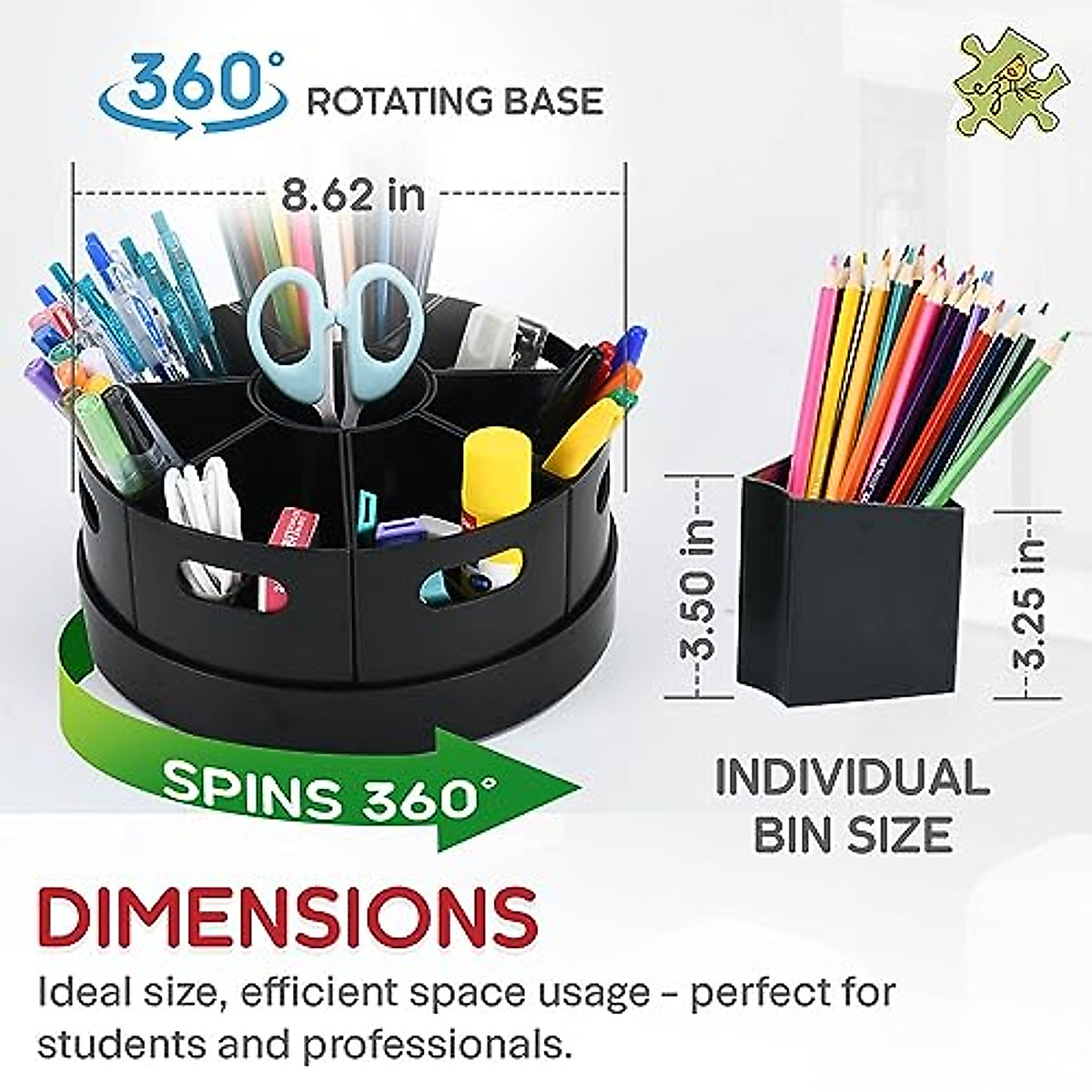 PUZZLE EZ Black Rotating Desk Organizer Lazy Susan Caddies for Home School Office Supplies, Pens, Markers and Art Supplies for Classroom