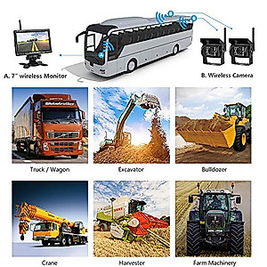 OiLiehu Wireless Backup Camera and Monitor Kit, 7 inch HD LCD Monitor with Antenna, 2 x Wireless Rear View Camera, IP67, Night Version, 12-24 V, Suitable for Buses, SUVs, Trucks, Trailers