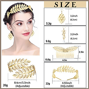 SAILIMUE 6Pcs Greek Goddess Costume Accessories Set Women Golden Laurel Leaves Crown Tiara Leaf Headband Armband Coil Bracelet Pearl Leaf Dangle Earring Bridal Hair Comb Wedding Headpiece Toga