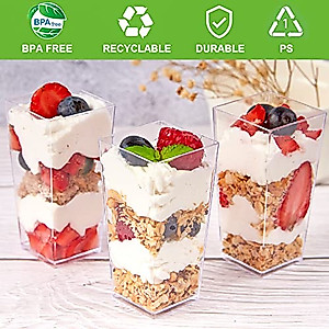 Qeirudu 50 Pack 3 oz Mini Square Dessert Cups with Lids and Spoons Clear Plastic Parfait Cups Mini Appetizer Shot Glasses for Individual Mousse Trifle Fruit Pudding