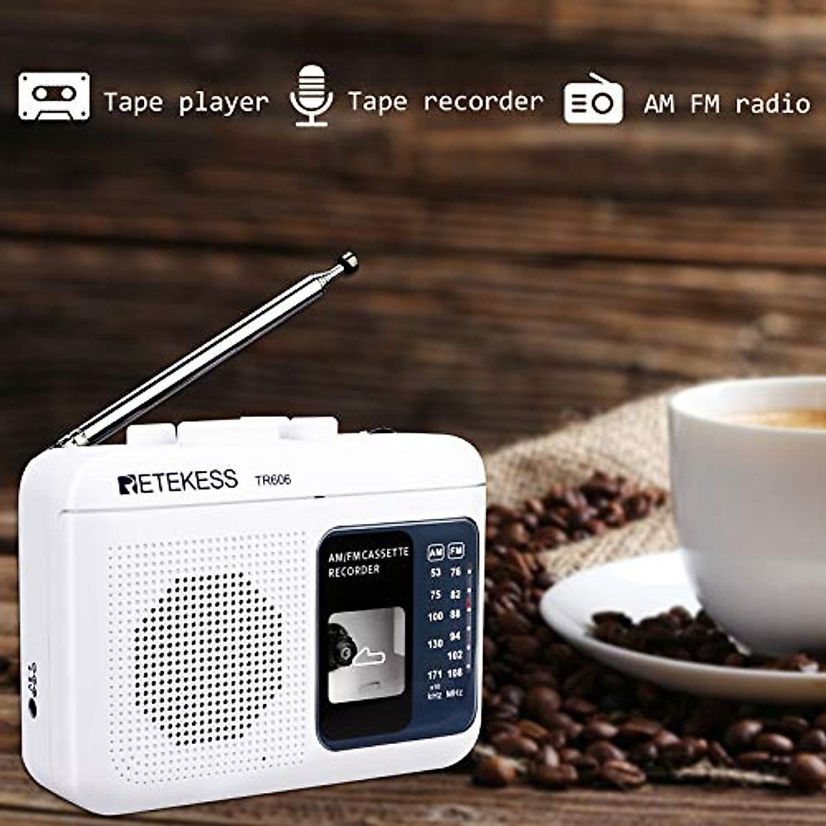 Retekess TR606 Tape Recorder Cassette Player, AM FM Cassette Players Walkman, Supports Voice/AUX Line in Record, Powered by DC or AA Battery (White)