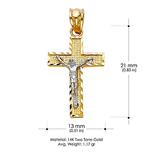 14K Two Tone Gold Jesus Crucifix Cross Pendant with 1.4mm Flat Open Wheat Chain Chain Necklace - 22"