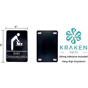 Kraken Sign Co. - Baby Changing Area Sign - ADA Compatible - Braille Sign - White Lettering and Graphic on Black Background - 9" x 6" - Self Adhesive Included