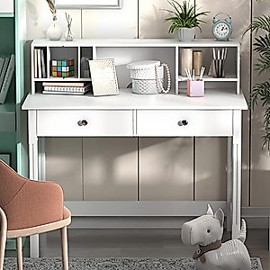 WiberWi Computer Desk with Drawers and Hutch, 43.3 inch White Home Office Desks Small Makeup Vanity Desk Table with Storage for Small Spaces Bedroom, Writing Desk Study Table