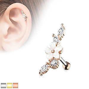 Lobal Domination 1 Piece Mother of Pearl Flower Gem Vine Tragus Helix Cartilage Barbell Ring - 16g 1/4" (Gold)
