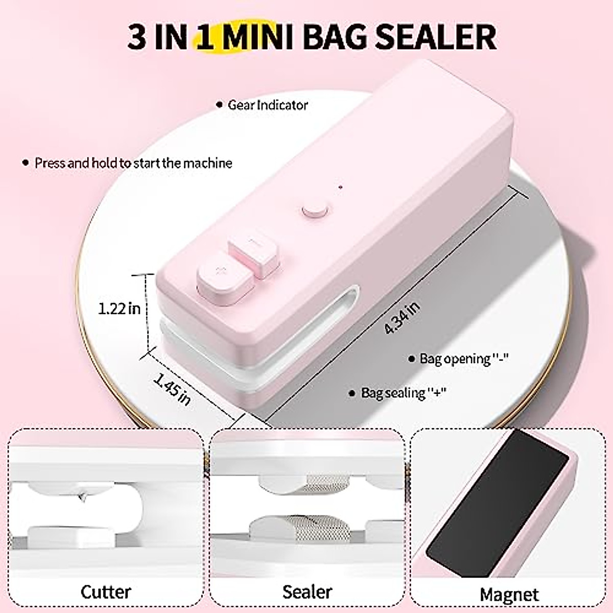 Bag Sealer Mini, 3 in 1 Mini Bag Sealer Heat Seal with Cutter & Magnet, Rechargeable Mini Chip Bag Vacuum Sealer Machine for Reseal Plastic Bags & Keep Snacks Fresh, Portable Kitchen Gadget (PINK)
