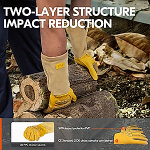Vgo... Safety Work Gloves Men,Extra-long Cuff Thornproof,Premium Cow Grain Leather,Anti-abrasion, Anti-Impact,Gardening(1 Pair,Size M, Gold, CA9659)