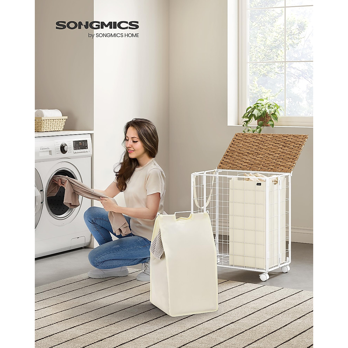 SONGMICS Laundry Hamper, 110L Laundry Basket with Lid, Clothes Hamper with Wheels, Collapsible Removable Liner Bag, Iron-Made Laundry Sorter, Natural Beige and Cream White ULCB211N01