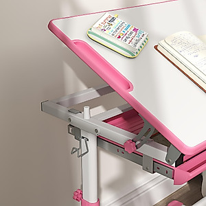 Qaba Kids Desk and Chairs Set, Height Adjustable Children School Study Desk with Tilt Desktop, Storage Drawer, Pen Slot, Hook, Ergonomic Table and Chair Set for Kids, Pink