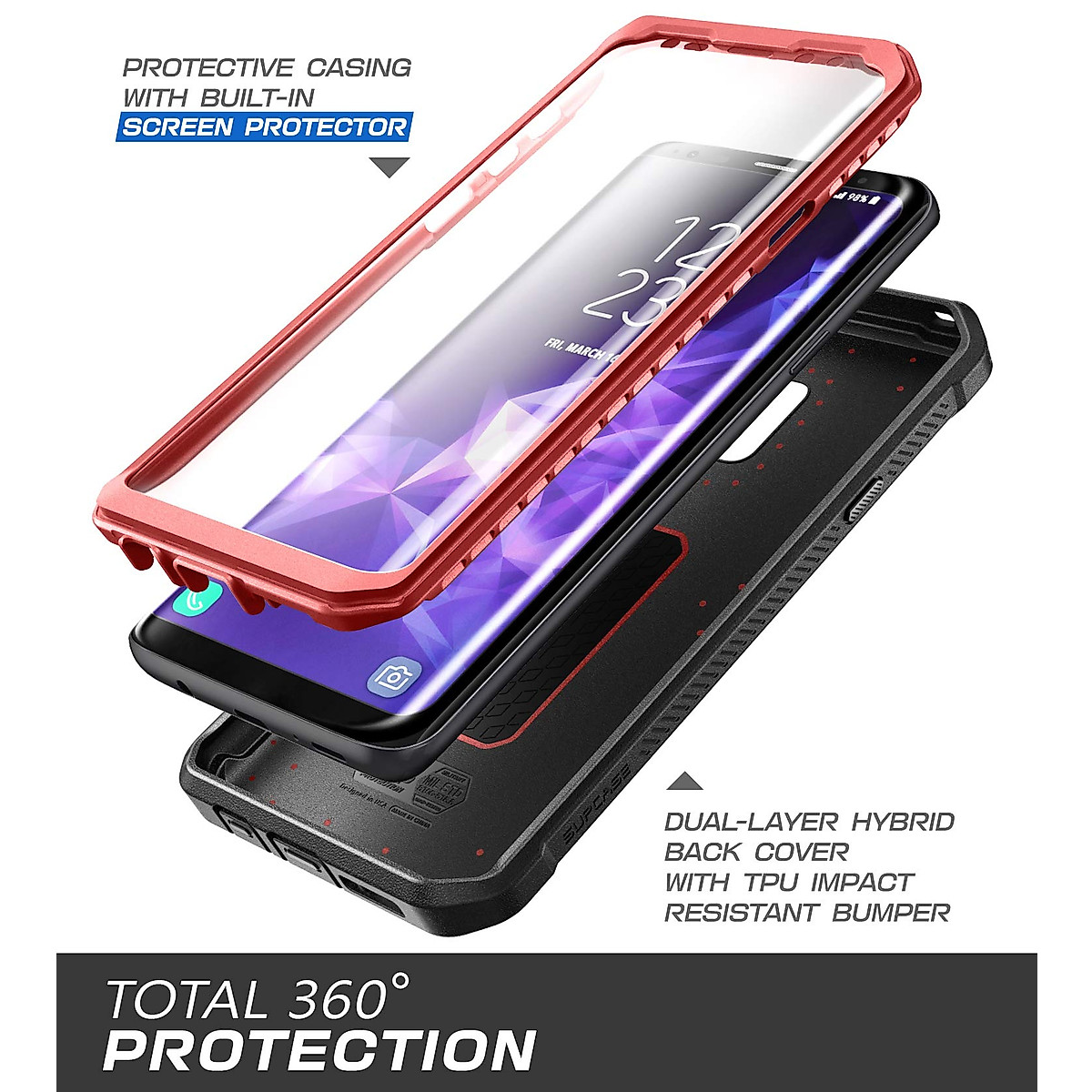 SupCase Unicorn Beetle Pro Series Case Designed for Galaxy S9, with Built-in Screen Protector Full-Body Rugged Holster Case for Galaxy S9 (2018 Release) (MetallicRed)