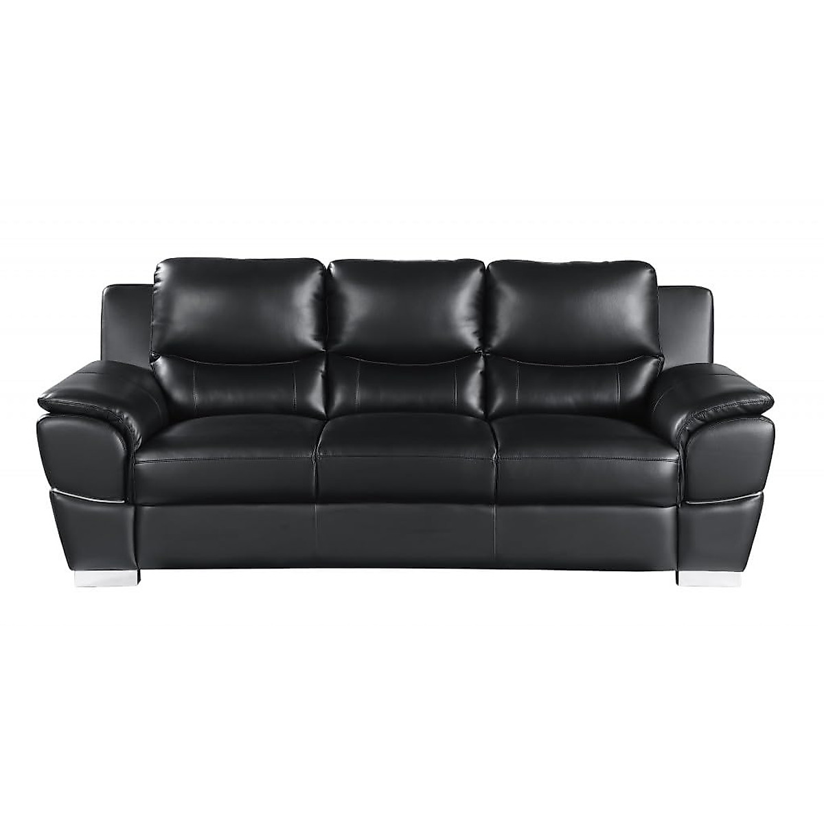HomeRoots 85" Black Leather Sofa with Silver Legs